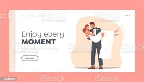신혼 부부 남성과 여자 결혼 방문 페이지 템플릿 행복한 신랑은 결혼식 중에 신부를 제단에 손에 들고 간다 결혼식에 대한 스톡