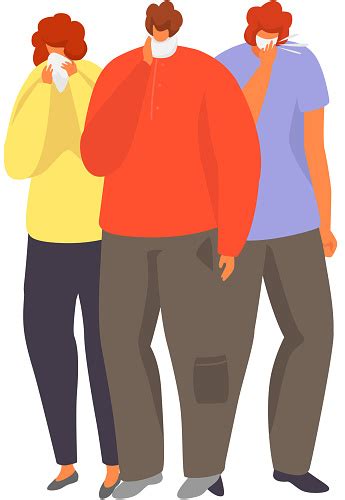 의료 용 마스크에 서 있는 캐릭터 사람들의 재채기 그룹 아픈 남자 여자는 흰색 만화 벡터 일러스트에 고립 된 손을 잡고 겁먹은에 대한 스톡 벡터 아트 및 기타 이미지