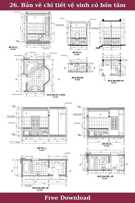 26 Bản Vẽ Chi Tiết Vệ Sinh Có Bồn Tắm