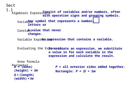 Ppt Sect 11 Algebraic Expressions Variable Constant Variable
