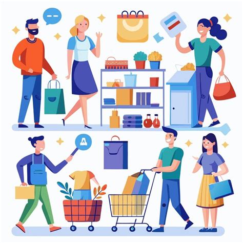 Clientes Felices Comprando Productos En Las Tiendas Vector Premium