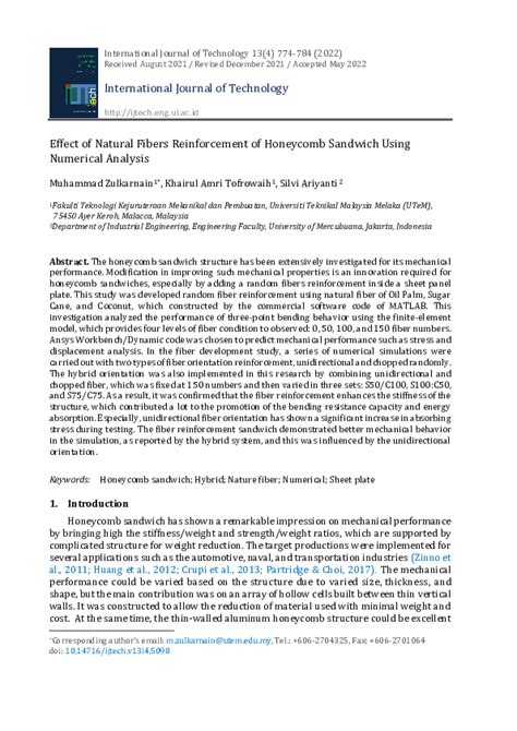Pdf Effect Of Natural Fibers Reinforcement Of Honeycomb Sandwich Using Numerical Analysis