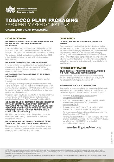 Cigares Conformité Avec La Tobacco Plain Packaging Act 2011 Et Les