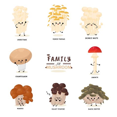 버섯 종류 식물 만화 일러스트 레이 션의 가족 프리미엄 벡터