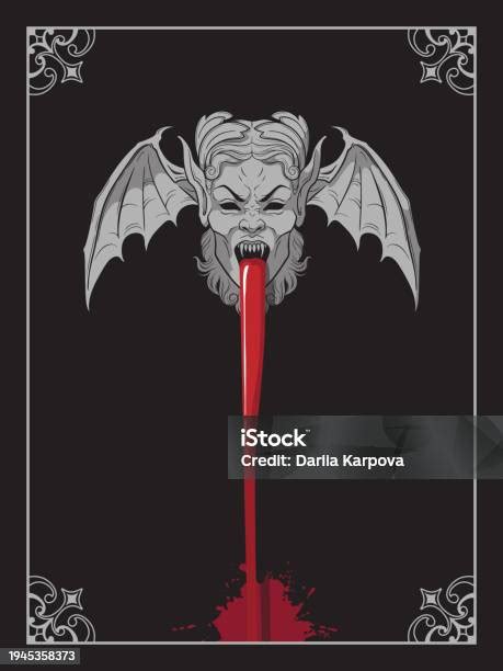 뱀파이어 머리 와 날개 돌 요소 분수 또는 마스카론 고딕 양식 엽서 포스터 또는 책 표지 디자인 요소 벡터 일러스트 레이 션 드라큘라 백작에 대한 스톡 벡터 아트 및 기타