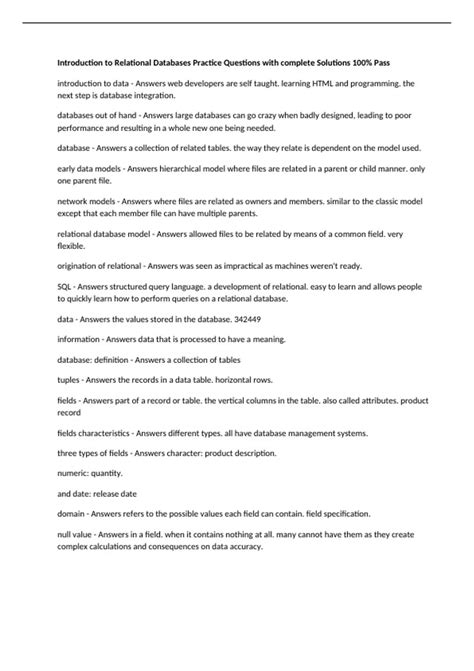 Fundamentals Of Relational Databases Practice Questions With Complete Solutions 100 Pass
