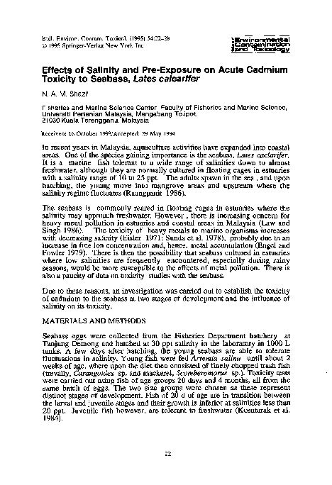 Pdf Effects Of Salinity And Pre Exposure On Acute Cadmium Toxicity To Seabass Lates Calcarifer