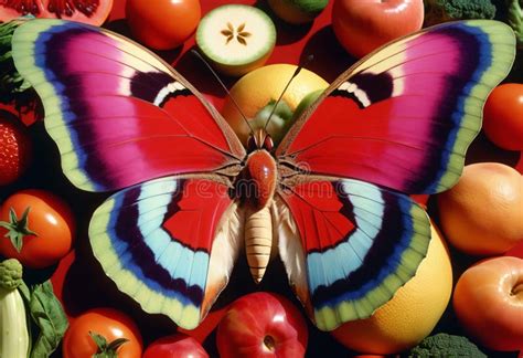 A Large Colorful Butterfly Made Of Various Fruits Stock Illustration