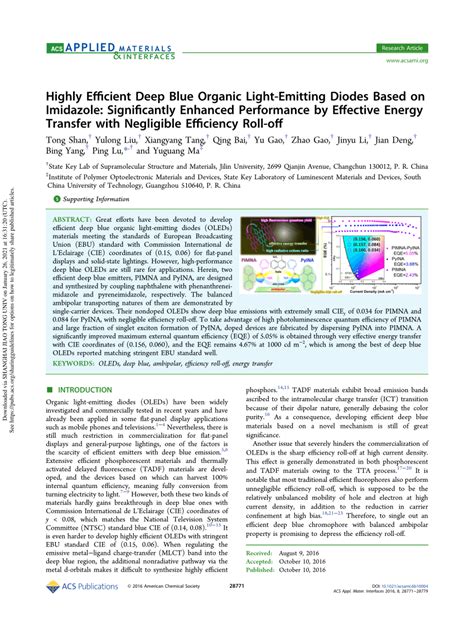 Pdf Highly Efficient Deep Blue Organic Light Emitting Diodes Based On