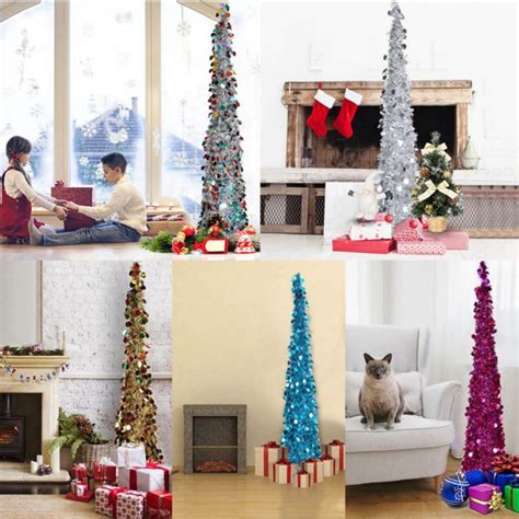 Foldable 5ft Pop Up Christmas Tinsel Slim Trees With Plump Shiny