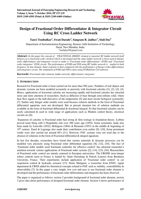 Pdf Design Of Fractional Order Differentiator And Integrator Circuit Using Rc Cross Ladder Network