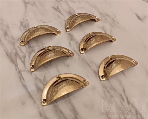 Set Of Unlacquered Brass Cabinet Pulls Handmade Drawer Cup Pulls For Kitchen Etsy