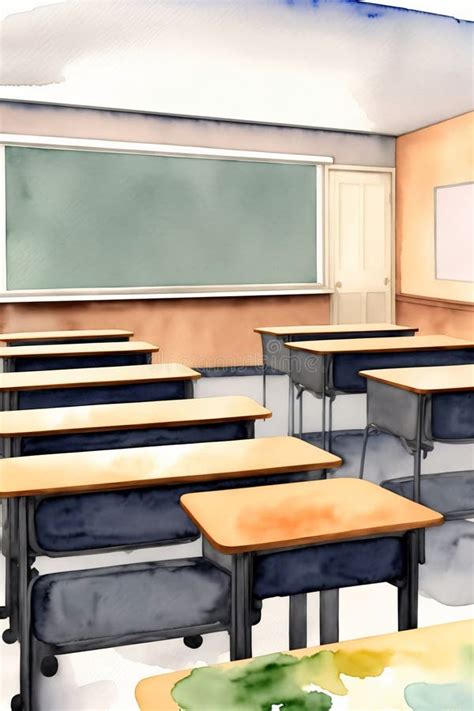 A Drawing Of A Classroom With Desks And A Chalkboard Generative Ai Stock Illustration