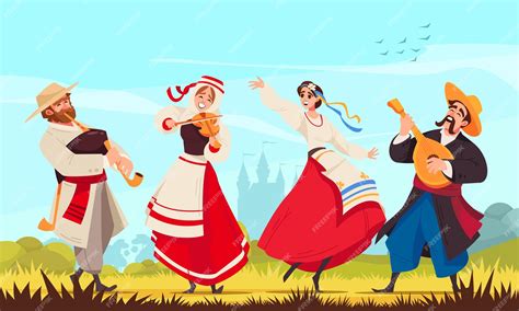 Composição De Música Folclórica Colorida Dois Pares De Dançarinos Em Trajes Nacionais Dançando