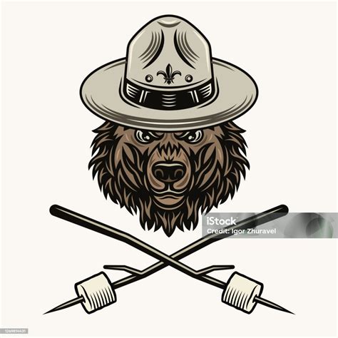 모자를 쓴 곰 스카우트와 나무 막대기 벡터에 두 개의 교차 마시멜로 빛 배경에 다채로운 그림 갈색에 대한 스톡 벡터 아트 및 기타 이미지 Istock