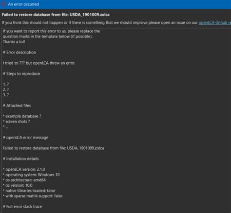 openlca failing to restore any database ask openlca question and