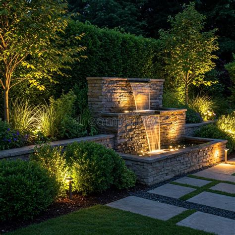 Lit Tiered Stone Waterfall Night Garden Generated With Ai Stock Illustration Illustration Of