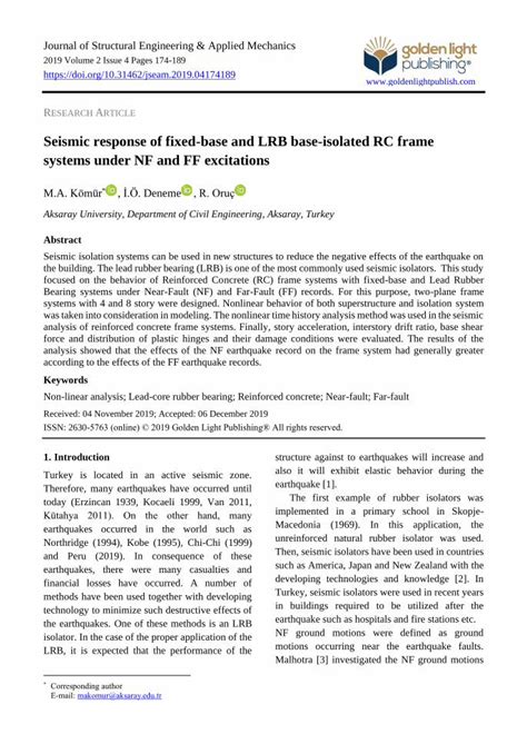 Pdf Seismic Response Of Fixed Base And Lrb Base Isolated Rc Seismic Isolation Systems Can