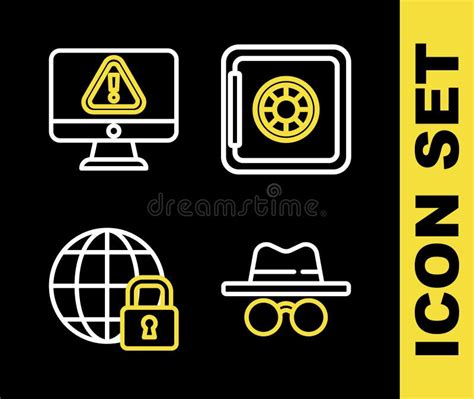 Set Line Safe Incognito Mode Global Lockdown And Monitor With Exclamation Mark Icon Vector