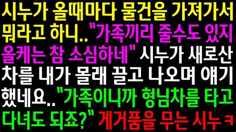 실화사연시누가 올때마다 물건을 가져가서 뭐라고 하니 가족끼리 줄수도 있다는 시누시누가 새로산 차를 내가 끌고 갔더니 게거품을 무는데ㅋ 신청사연 사이다썰 사연라디오