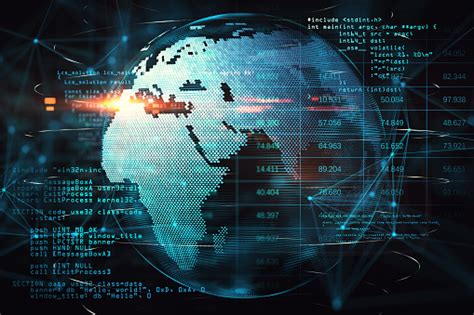 인터넷 기술과 글로벌 소셜 네트워크 개념에는 밝은 붉은 빛 기술 지표 및 추상 코딩 배경이 있는 그래픽 지구 행성이 있습니다 3d 렌더링 지구본에 대한 스톡 사진 및 기타