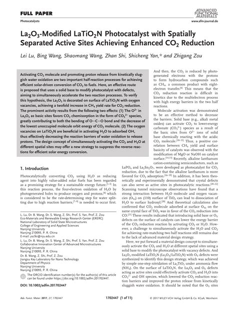 Pdf La2o3‐modified Latio2n Photocatalyst With Spatially Separated Active Sites Achieving