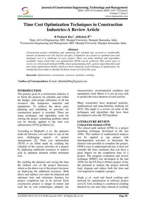 Pdf Time Cost Optimization Techniques In Construction Industries A