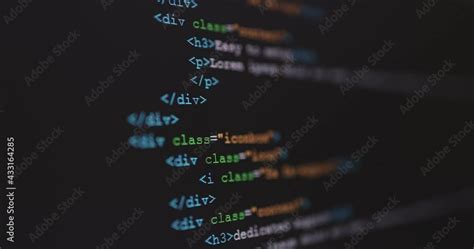 K Close Up Shot HTML Tag Code On PC Monitor Scroll Down Background Concept For Programming And