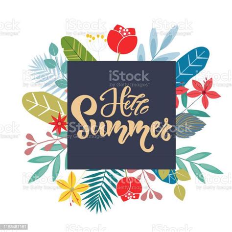 안녕하세요 여름 레터링 따옴표 배경에 꽃 부케와 텍스트 시즌 타이포 그래피 디자인 휴가 초대장 배너 카드 포스터 현수막 전단지 격언에 대한 스톡 벡터 아트 및 기타 이미지