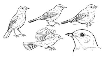 Line Art Drawings Of Various Birds In Different Poses And Angles