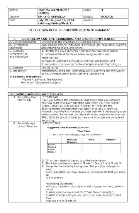Homeroom Guidance Daily Lesson Plan For Grade 4 Quarter 1 Week 1