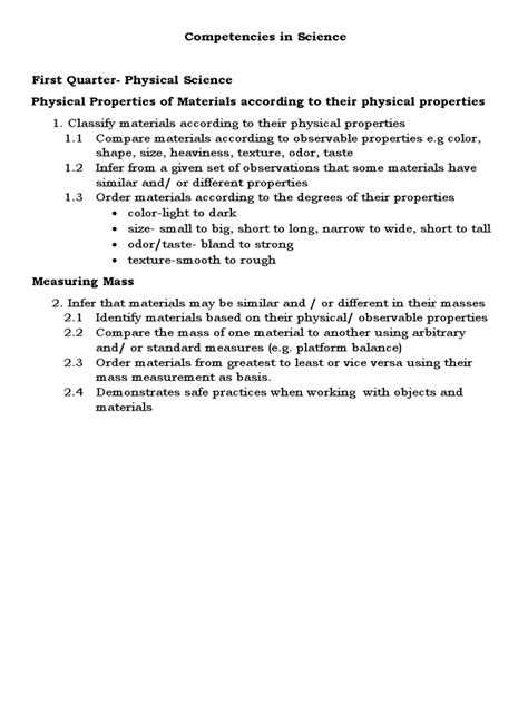 Science Competencies For Grade 1 Pdf English Language Word