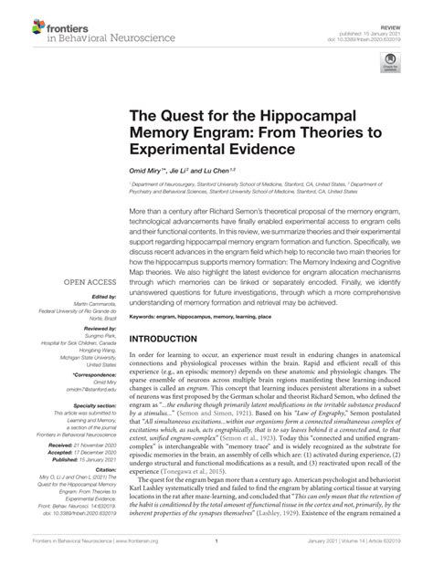 Pdf The Quest For The Hippocampal Memory Engram From Theories To