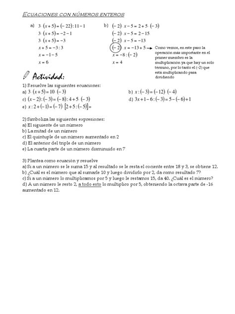 Ecuaciones Con Números Enteros Ejercicios Pdf Métodos Y Materiales De Enseñanza