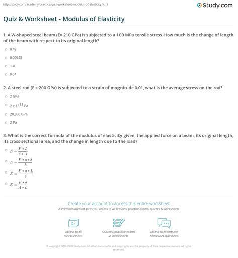 Quiz Worksheet Modulus Of Elasticity Study
