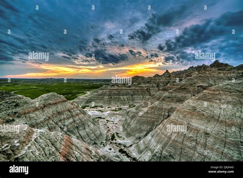 A Beautiful Landscape View Of The Sunset Overlooking At Badlands