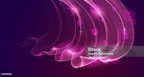 바람에 혼합된 점 투명 한 얇은 명주 그물 섬유의 어두운 파동을 통해 마법 에너지 입자를 흐르는 3 차원 곡선 점선된 효과 그림