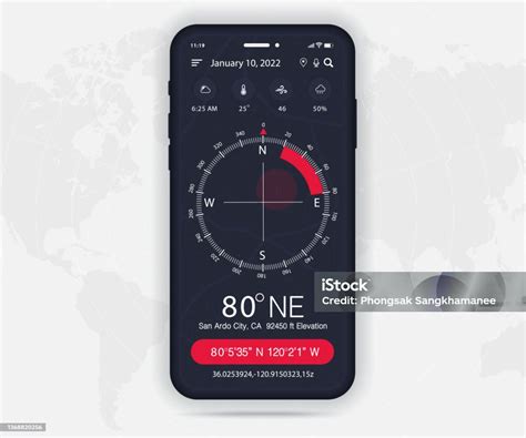 Compass App Ui Ux Gui Concept Map Gps App On Screen Smartphone Navigation Phone Interface