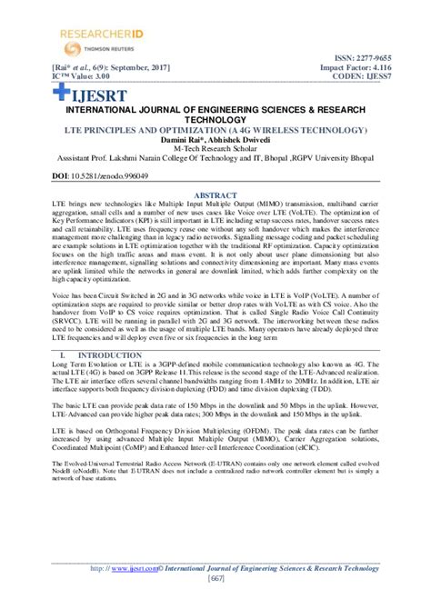 Pdf Lte Principles And Optimization A 4g Wireless Technology