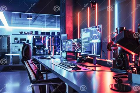 Modern Desk Setup With Dual Monitors And Keyboard Generative Ai Stock