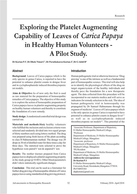 Pdf Exploring The Platelet Augmenting Capability Of Leaves Of Carica