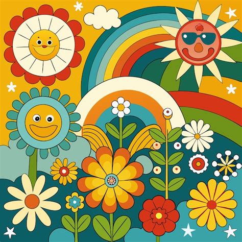Groovy 70s Hippie Posters With Cartoon Flower Rainbow Sun Premium Ai