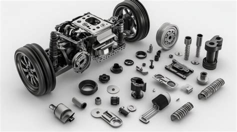 Disassembled Car Chassis And Components Laid Out On A White Surface