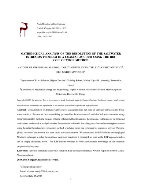 Pdf Mathematical Analysis Of The Resolution Of The Saltwater Intrusion Problem In A Coastal