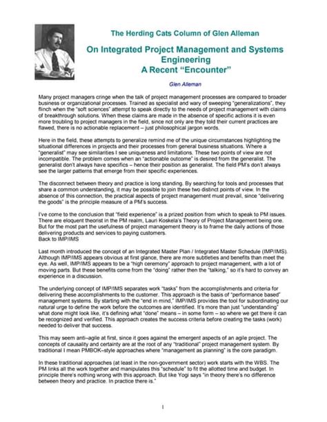 On Integrating Project Management And Systems Engineering Pdf