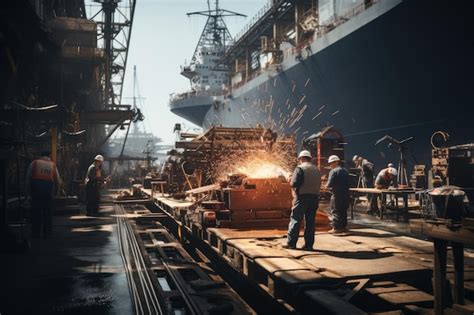 premium photo shipyard with workers welding and constructing