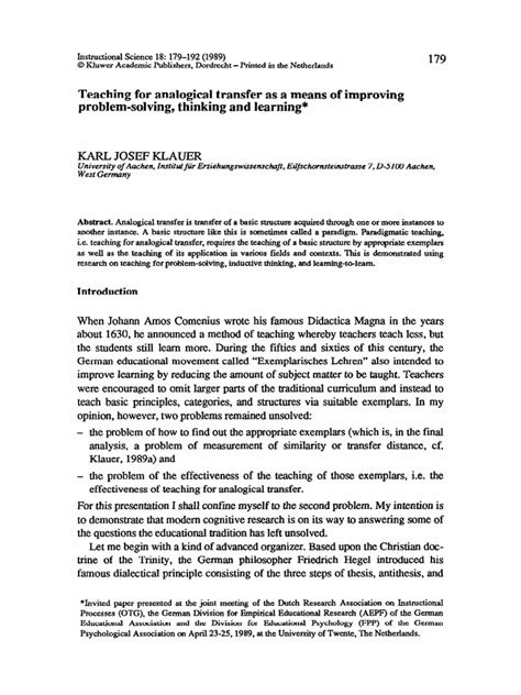Teaching For Analogical Transfer Pdf Dialectic Analogy