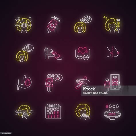 임신 초기 증상 네온 라이트 아이콘 세트 가족 계획 여자 느낌 아기의 기대 젊은 어머니 의료 외부 빛나는 효과와 징후 벡터 절연 Rgb 색상 일러스트레이션 0명에 대한 스톡