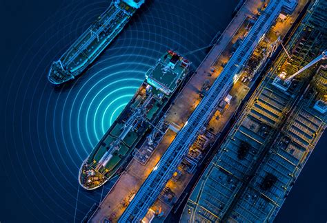 Blue Connectivity Waves Pulsating From A Ship In The Docks With A View From Above