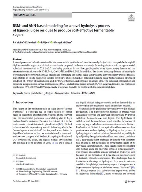 Article Titled Rsm And Ann Based Modeling For A Novel Hydrolysis